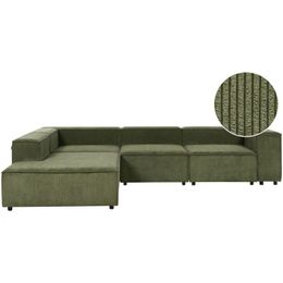 Beliani Ecksofa Grün Cord L-förmig 4-Sitzer Modulsofa Rechtsseitig Wohnzimmermöbel Modern Wohnzimmer Salon Wohnecke Sitzecke - Grün