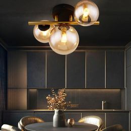 Globo - Deckenleuchte Wohnraum Deckenlampe Design schwarz messing Kugellampe Glas led Wandleuchte Innen, Glaskugel amber, 3 flammig G9, 3x 3,5W 3x350