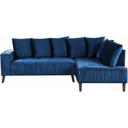 Beliani Ecksofa Blau Samt Linksseitig 3-Sitzer Sofa mit Vielen Kissen Metallfüßen Glamour Modern Wohnzimmer Büro Arbeitszimmer Wohnküche Esszimmer