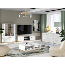 Lomadox Wohnzimmer Möbel Set in Hochglanz weiß GUBIN-131 im edlen Design mit goldfarbenen Akzenten - weiß