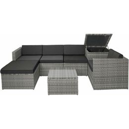 Poly-Rattan-Garnitur HHG 609, Balkon-/Garten-/Lounge-Set Sofa Sitzgruppe, Box Staufach grau, Kissen dunkelgrau - grey