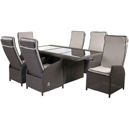 HHG Luxus Poly-Rattan-Garnitur Burgos, Premium Lounge Set Alu-Sitzgruppe Tisch + 6 verstellbare Stühle grau - grey