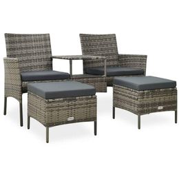 LONGZIMING 2-Sitzer-Gartensofa mit Teetisch und Hocker Poly Rattan Grau