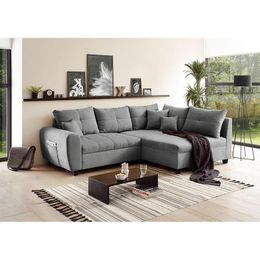 Lomadox Ecksofa mit Schlaffunktion und 8 Kissen in dunkelgrau, L-Form mit Recamiere rechts, Serie LEICESTER-09 - grau