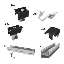 K2 Unterkonstruktionsset für 5 Module, Single Rail für Schrägdach, 1-lagig, schwarze Klemmen