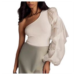 AFAZ New Trading UG Sommerkleid Mesh-Patchworkkleid im One-Shoulder-Design Unregelmäßiges Street-Style-T-Shirt für Damen