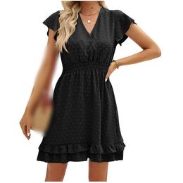 AFAZ New Trading UG Sommerkleid Gerafftes Kleid aus Chiffon mit Pompom und Rüschenärmeln
