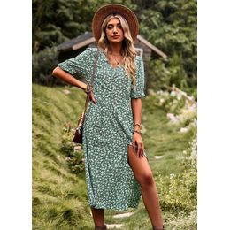 RUZU UG Dirndl Damenkleid Frühling und Sommer bedruckter Temperament-A-Linien-Rock