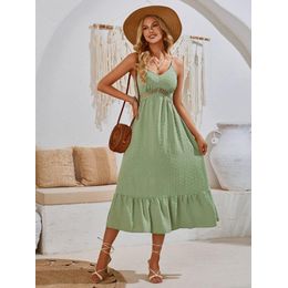 RUZU UG Dirndl Midikleid Kleid Sommer lässig V-Ausschnitt Hohles Hosenträgerkleid