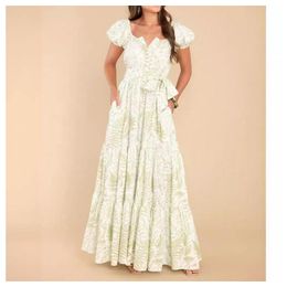 AFAZ New Trading UG Sommerkleid Frühlings- und Sommerkleid mit bedruckten Taschen und Puffärmeln Elegantes langes Kleid mit Schnürung für Damen