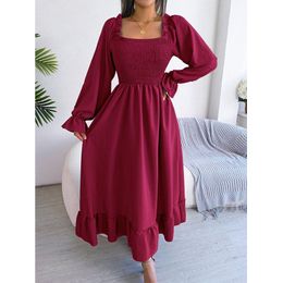 BlauWave Maxikleid Damen Viereckiger Ausschnitt Puff Langarm Rüschen Maxikleid (1-tlg) Hohe Taille A-Linie Kleider