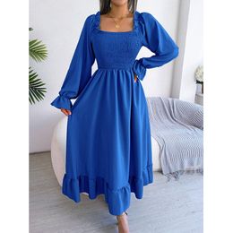 BlauWave Maxikleid Damen Viereckiger Ausschnitt Puff Langarm Rüschen Maxikleid (1-tlg) Hohe Taille A-Linie Kleider