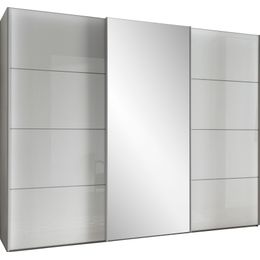 Schwebetürenschrank Wiemann "Kos" Schränke Gr. B/H/T: 246,3 cm x 217 cm x 67 cm, 3 St., grau (kieselgrau, dekor, glas weiß, kristallspiegel) Schwebetürenschränke und Schiebetürenschränke