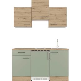 E (A bis G) Küche Flex-Well "Cara" Komplettküchen-Sets Gr. B/H/T: 150,5 cm x 205 cm x 60 cm, Küchenzeile, grün (küche: schilfgrün, artisan eiche, front: korpus: arbeitsplatte: eiche) Küchenzeilen mit Elektrogeräte