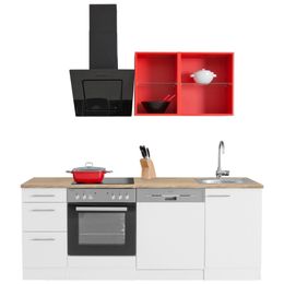 Küchenzeile Optifit "Mini" Komplettküchen-Sets Gr. B/T: 210 cm x 60 cm, rot (küche: weiß, rot, wildeichefarben, korpus: arbeitsplatte: wildeichefarben) Küchenzeilen mit Elektrogeräte