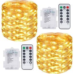 2er-Pack] Mini-LED-Außenleuchten, 10 m, wasserdicht, Akku, 100 LED-Leuchten mit Fernbedienung, Innen- und Außendekoration für Weihnachten, Hochzeit,