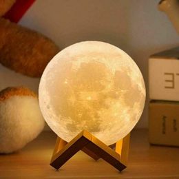 Tovbmup - Nachtlicht 12 cm (klein), 3D-Mondlampe, Nachtlicht, Mondlicht, 16 Farben, led mit Holzständer und Fernbedienung/Touch-Steuerung und