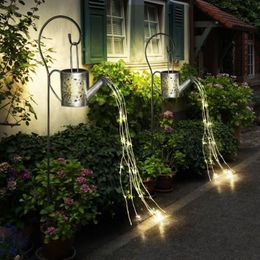 Expo-Börse Solar Steckleuchte Gießkanne Außen Gartenlampe im Gießkannen Design Stecklampe silber, 24x led warmweiß, h 94 cm, Garten Balkon Wege Rasen, 2er Set