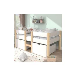 【NEW】Bett Kinderbett mit Schublade und Rausfallschutz, Kiefer-Vollholz-90x200 cm-Weiß & Eiche