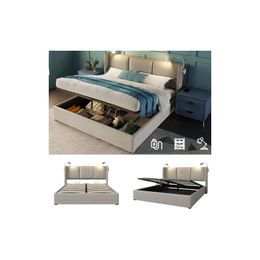 Polsterbett Doppelbett Bettkasten Bett Leselampe mit USB-Ladefunktion Kopfteil, Stauraumbetten Leinenbettgestell Jugendbett 140x200 mit Lattenrost