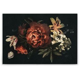 Leinwandbild Blumen 60 x 90 cm - Wandbild Rot Schwarz Floral - Keilrahmen Wohnzimmerdeko Wanddeko Wandgemälde - Rot, Schwarz