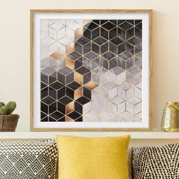 MICASIA Bild mit Rahmen - Schwarz Weiß goldene Geometrie Größe HxB: 30cm x 30cm, Rahmen: Eiche