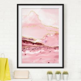 MICASIA Bild mit Rahmen - Abstrakte Berge Rosa mit Goldene Linien Größe HxB: 55cm x 40cm, Rahmen: Schwarz