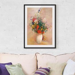 MICASIA Bild mit Rahmen - Odilon Redon - Vase mit Blumen (rosenfarbener Hintergrund) Größe HxB: 70cm x 50cm, Rahmen: Schwarz