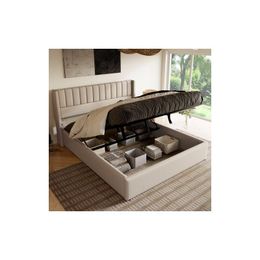 Stauraumbett Polsterbett Hydraulisch Doppelbett 140x200cm, Lattenrost aus Holz, Bett mit Lattenrost aus Metallrahmen, Leinen, Beige
