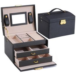 Schmuckschatulle, Schmuckschatulle, Make-up-Box, Schmuck- und Kosmetikkoffer, 3-lagig aus Kunstleder mit 2 Schubladen, Schwarz