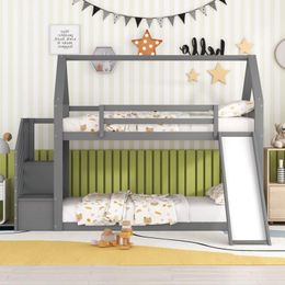 Kinderbett mit Handlauf, Etagenbett mit Stauraumleiter und Rutsche für Kinder und Jugendliche 90x200 cm - Grau
