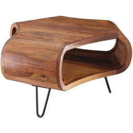 FineBuy Couchtisch FB51410 Sheesham massiv Holz 55 x 55 x 38 cm Ablage & Metallgestell, Retro Wohnzimmertisch Massivholz braun, Sofatisch modern Holztisch,