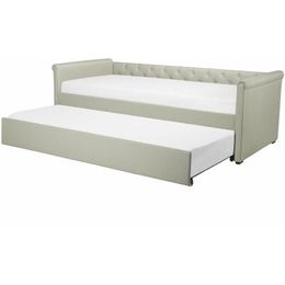 Beliani Tagesbett Ausziehbett Beige 90 x 200 cm Ausziehbar Polsterbezug Leinenoptik Mit Lattenrost Knopfverzierung Praktisch Modern