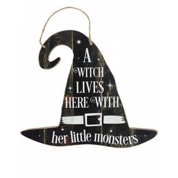 Horror-Shop Dekoobjekt Schwarzer Hexen Hut als Schild A Witch Lives Here