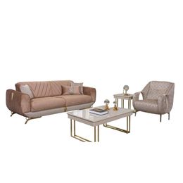 JVmoebel Wohnzimmer-Set Beige Wohnzimmer Garnitur Luxus 3-Sitzer Polstersessel Beistelltisch