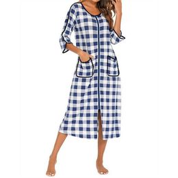 AFAZ New Trading UG Pyjama Blau kariertes Damenhemd mit Reißverschluss und Taschen