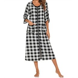 AFAZ New Trading UG Pyjama Schwarz kariertes Damenhemd mit Reißverschluss für Zuhause