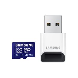 Samsung PRO Plus (2023) microSD, inkl. USB-Kartenleser Speicherkarte (128 GB, UHS Class 3, 180 MB/s Lesegeschwindigkeit), blau|weiß
