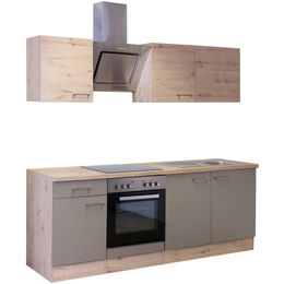 Küchenzeile Flex-Well "Riva" Komplettküchen-Sets Gr. B/T: 210 cm x 60 cm, braun (küche: quarz cubanit, san remo eiche, arbeitsplatte: eichefarben hell) Küchenzeilen mit Elektrogeräte