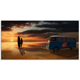 Glasbild Artland "Surfen in Kalifornien mit Camper T1" Bilder Gr. B/H: 100 cm x 50 cm, Glasbild Küste Querformat, 1 St., orange Glasbilder