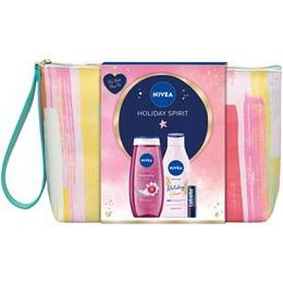 Nivea Körperpflege Body Lotion und Milk Geschenkset Waterlily & Oil Pflegedusche 250 ml + Holiday Glow Body Lotion 200 ml + Labello Caring Beauty Red 4,8 g + Beauty Bag