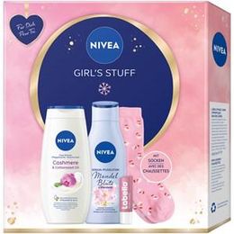 Nivea Körperpflege Body Lotion und Milk Geschenkset Mandelblüte & Mandel-Öl Sensual Pflegelotion 200 ml + Cashmere & Cottonseed Oil Pflegedusche 250 ml + LABELLO Pearly Shine 4,8 g. + Socken