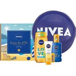 Nivea Sonnenpflege Sonnenschutz Geschenkset Schutz & Pflege Sonnenspray SPF50+ 200 ml + UV Gesicht Anti-Age Sonnenschutz Q10 SPF50 50 ml + Love Sunshine Shower Gel 250 ml + Labello Sun Protect SPF30 5,5 g + Wasserball