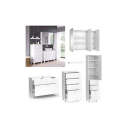 VICCO Badmöbel-Set Sola Weiß matt, moderne Serie, Badezimmer, dekorative Front Waschtischunterschrank Spiegelschrank Midischrank Hochschrank