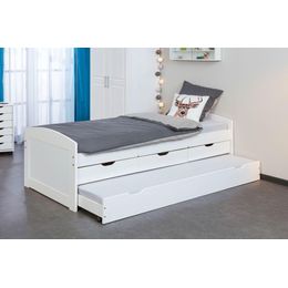 Funktionsbett 90x190 Massivholz weiß 3 Schubladen 2 Liegeflächen