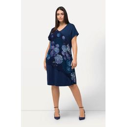 Ulla Popken Minikleid Jerseykleid Hortensien V-Ausschnitt Halbarm