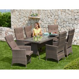 Merxx Garten-Essgruppe Valencia, (6x verstellbare Relaxsessel, 1x Tisch 150x80 cm, inkl. Auflagen), Aluminium, Polyrattan, geeignet für 6 Personen, braun