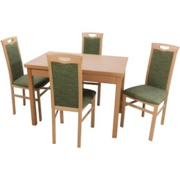 HOFMANN LIVING AND MORE Essgruppe Carla, (Spar-Set, 5-tlg., 1 Tisch, 4 Stühle), Stuhlgestell und Tischbeine aus Massivholz, Tisch mit 2 Ansteckplatten, braun