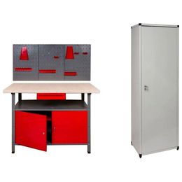 Kreher Werkstatt-Set, (Set), B/T/H: 120x60x85 cm, 2x Tür, 1x Werkstattschrank, 1x Werkzeugwand, grau|rot
