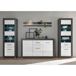 Lomadox Wohnwand ETON-61, (2-St), Betonoptik dunkel & Hochglanz weiß 314/198/35-42cm